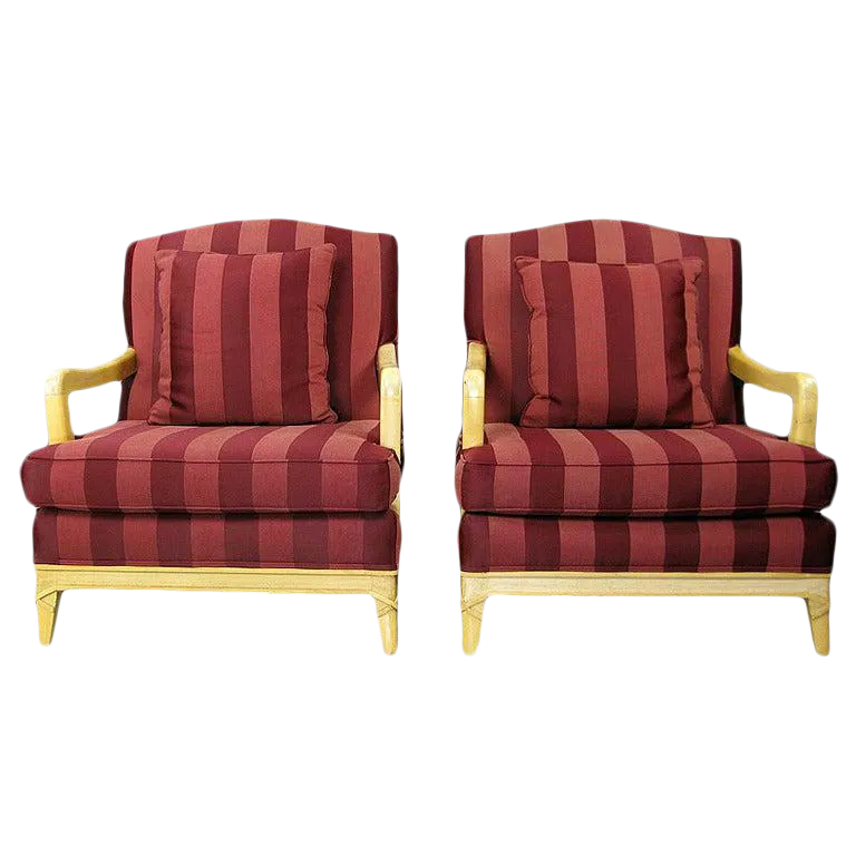 Oxblood Stripe Open-Arm Lounge Chairs - a Pair | Chairish