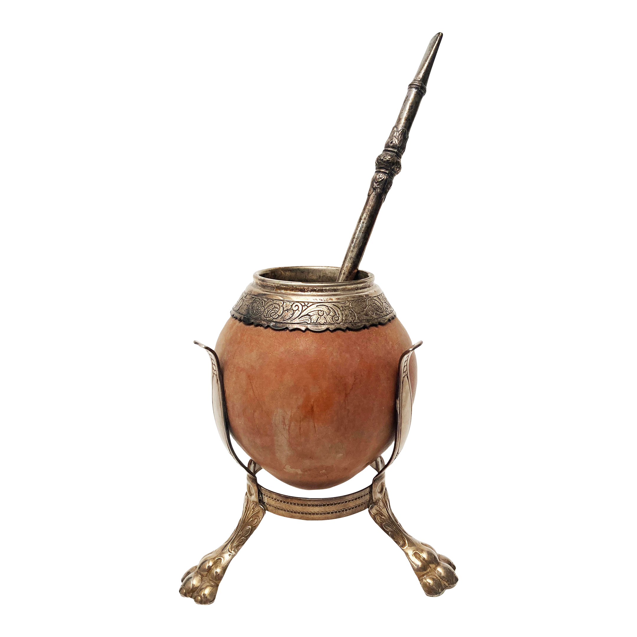 Vintage Silver South American Yerba Mate Gourd With Stand and Straw ...
