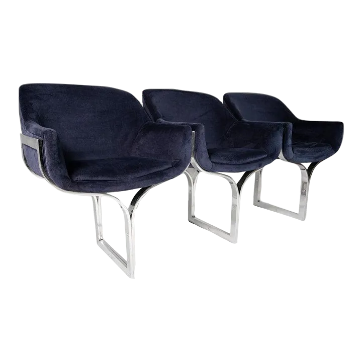 Three Seat Sofa Bench in Navy Blue Velvet Set on a Chrome Base ...