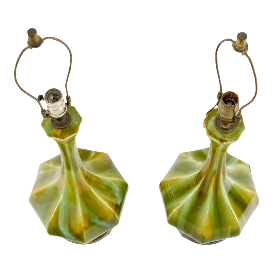 Pair Mid Century Onion Shape Glazed Green Yellow Blue Lava Pattern ...