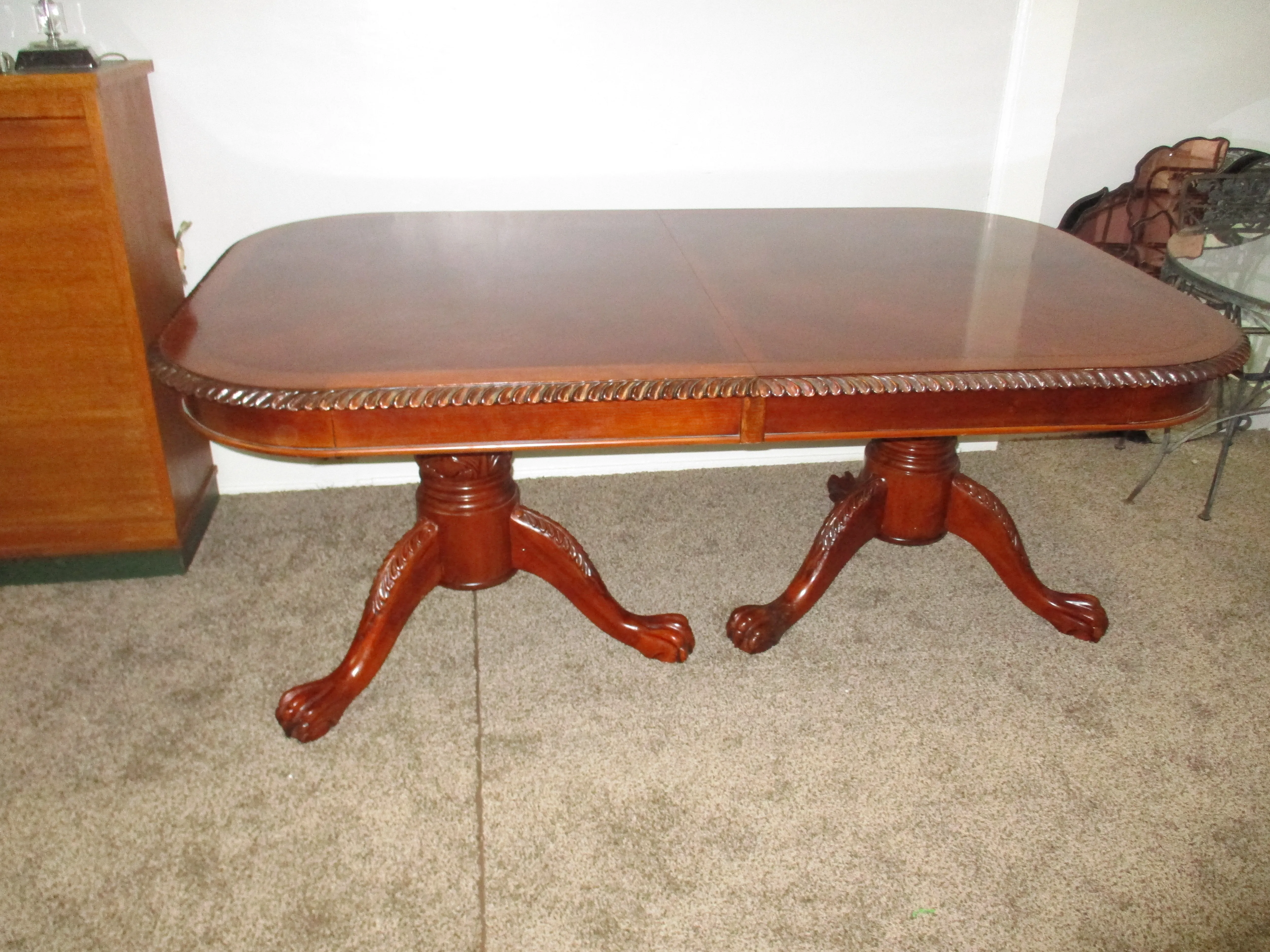 Chippendale Style Ornate Hand Carved Mahogany Ball And Claw Feet Dining Table