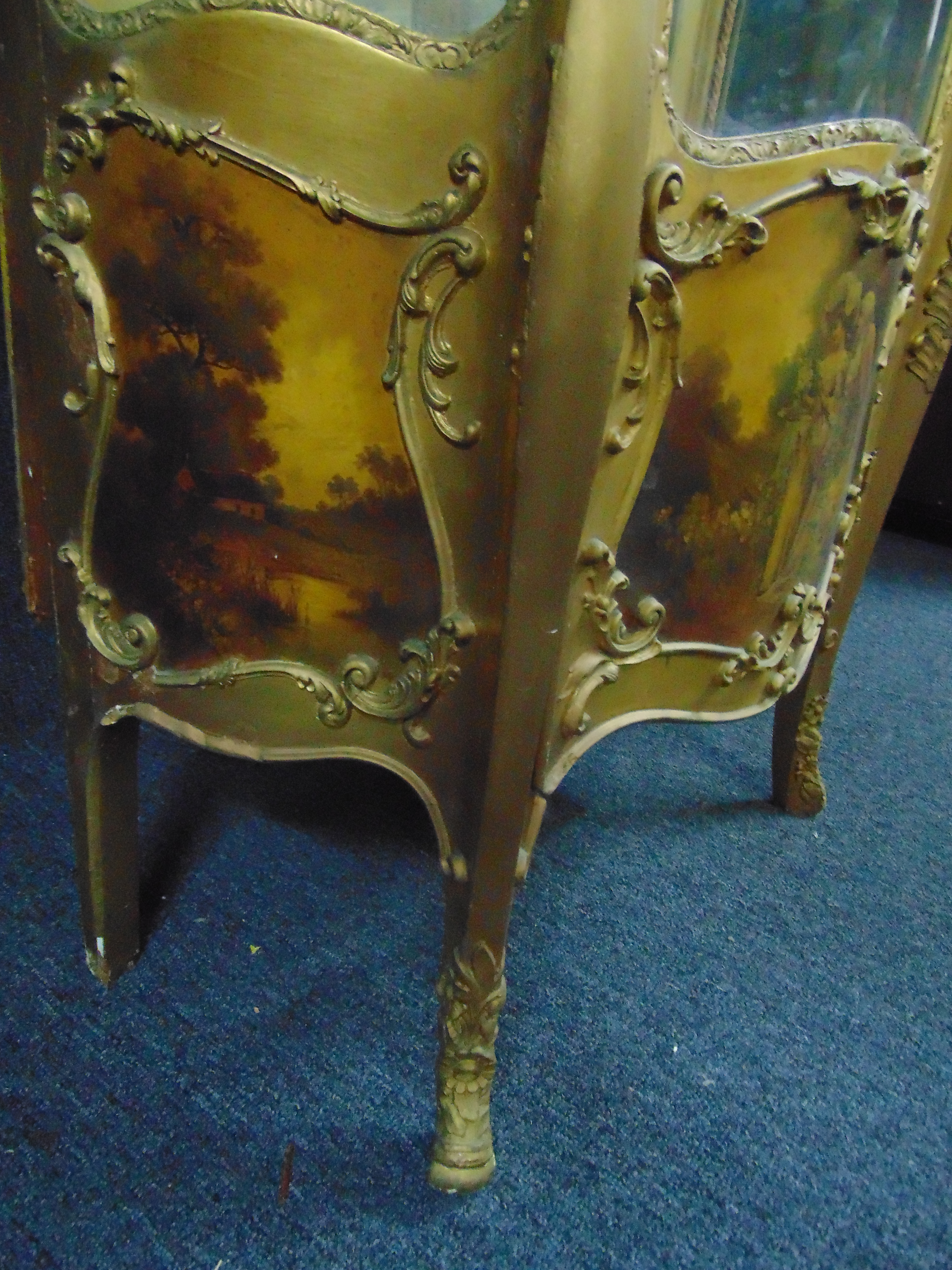 19th C Verni Martin French Gold Gilt Hand Painted Curio Cabinet