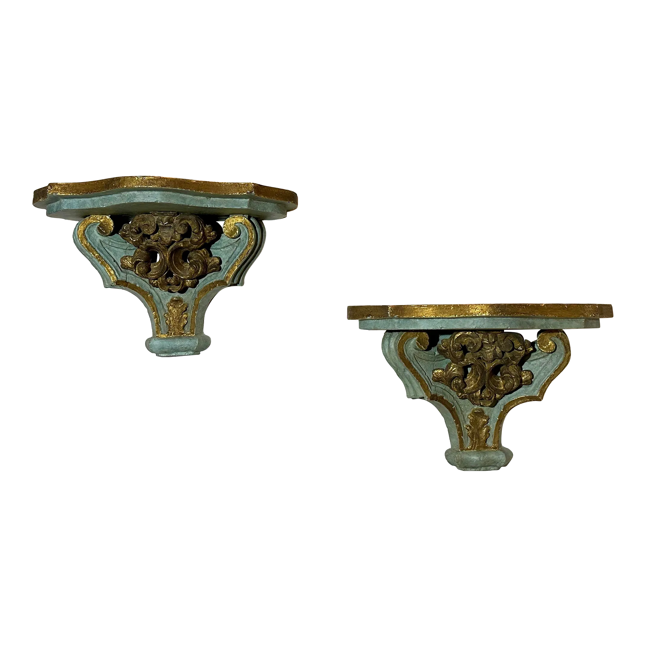 Large Vintage Gilt and Aqua Wall Brackets - a Pair | Chairish