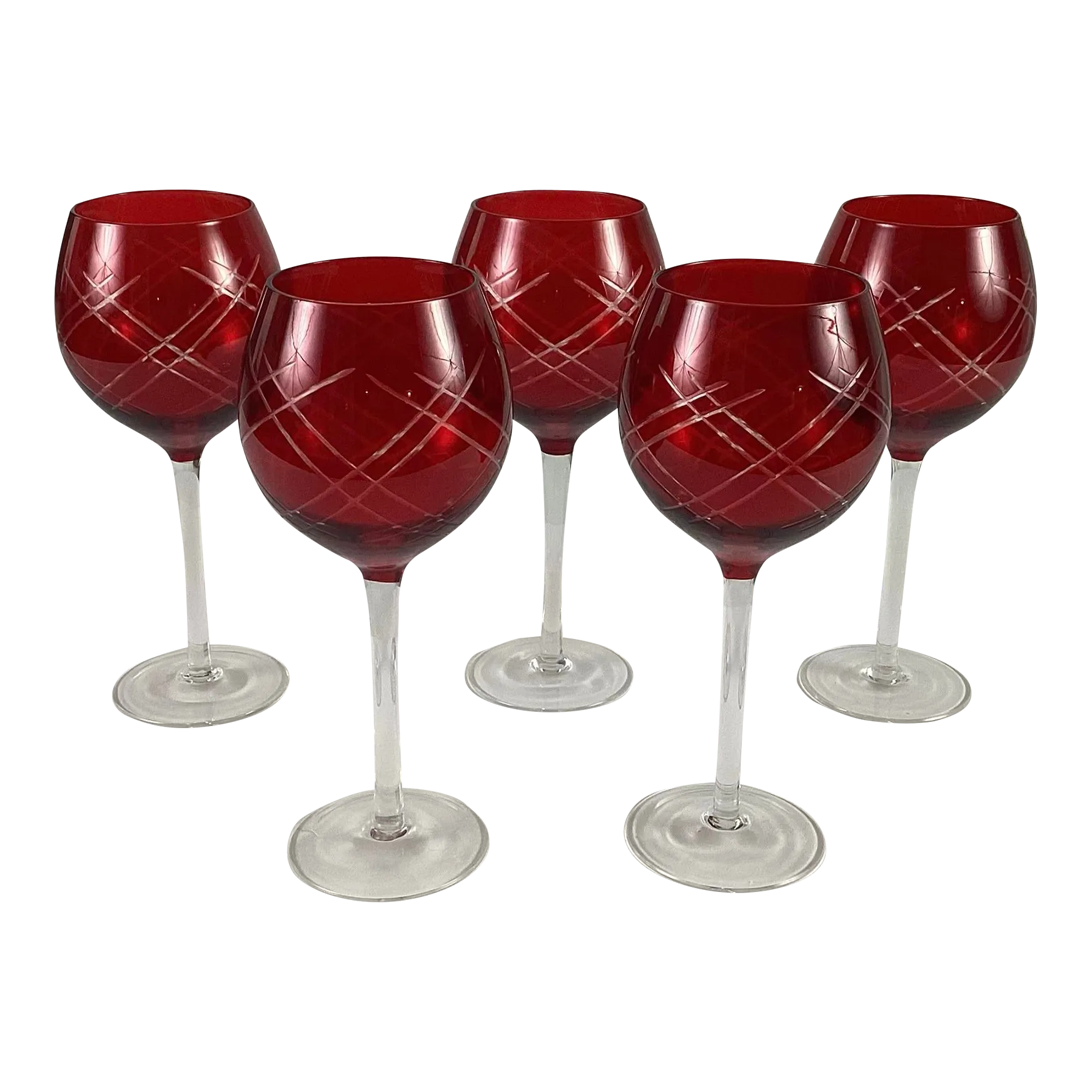 1950s Ruby Cut to Clear-Long Stem Goblets- Set of 5 | Chairish