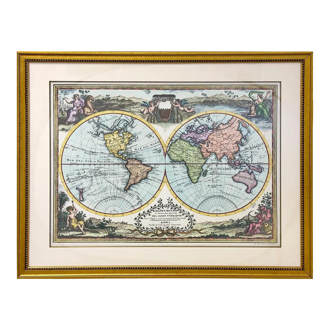 Double Hemisphere Old World Map Print, Matted & Framed | Chairish