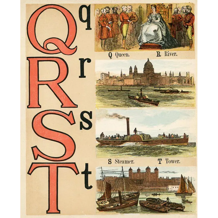 1870s London Alphabet Print, Q to T, Original Color Engraving | Chairish