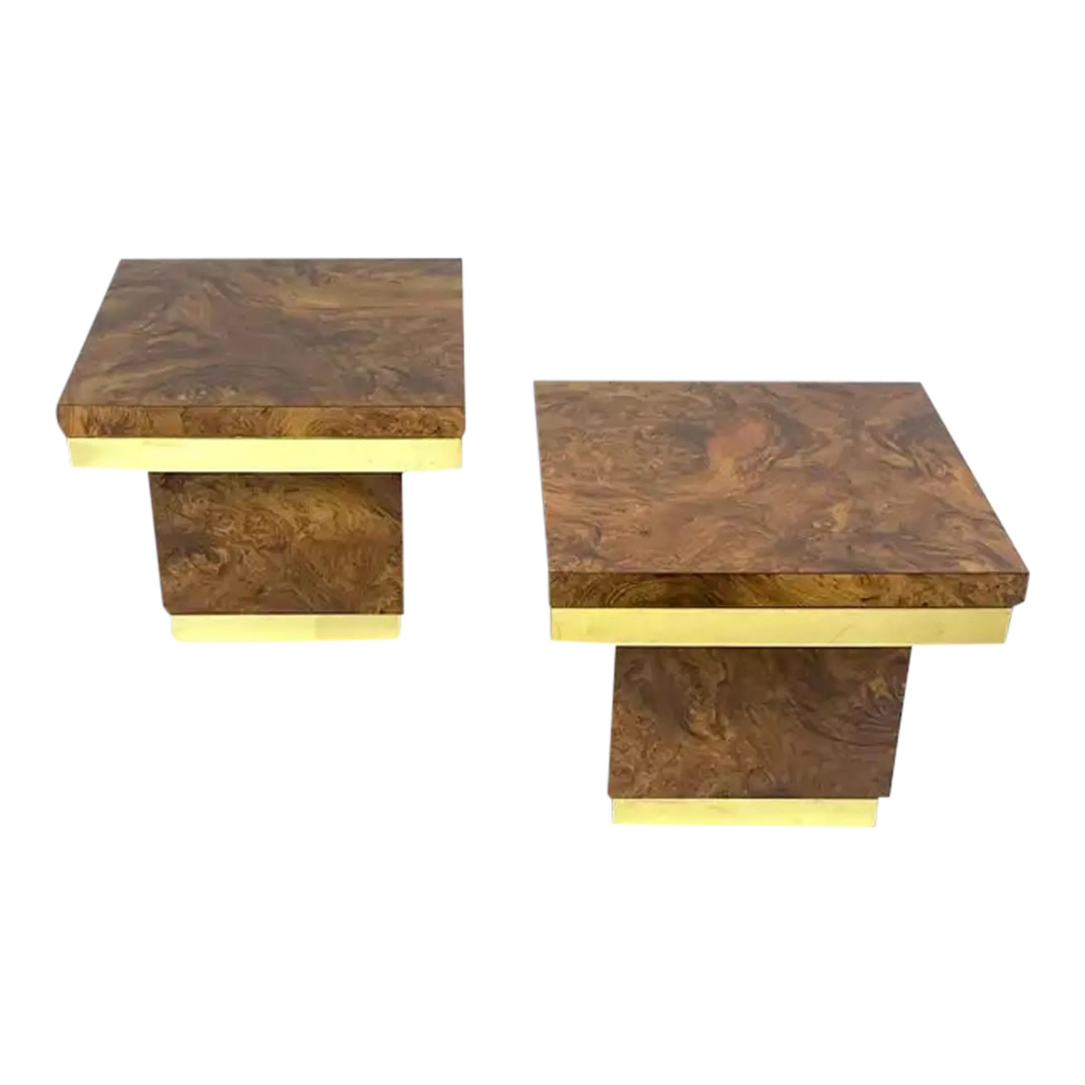 1970s Pair of Mica Burled and Brass Pedestal End Tables | Chairish