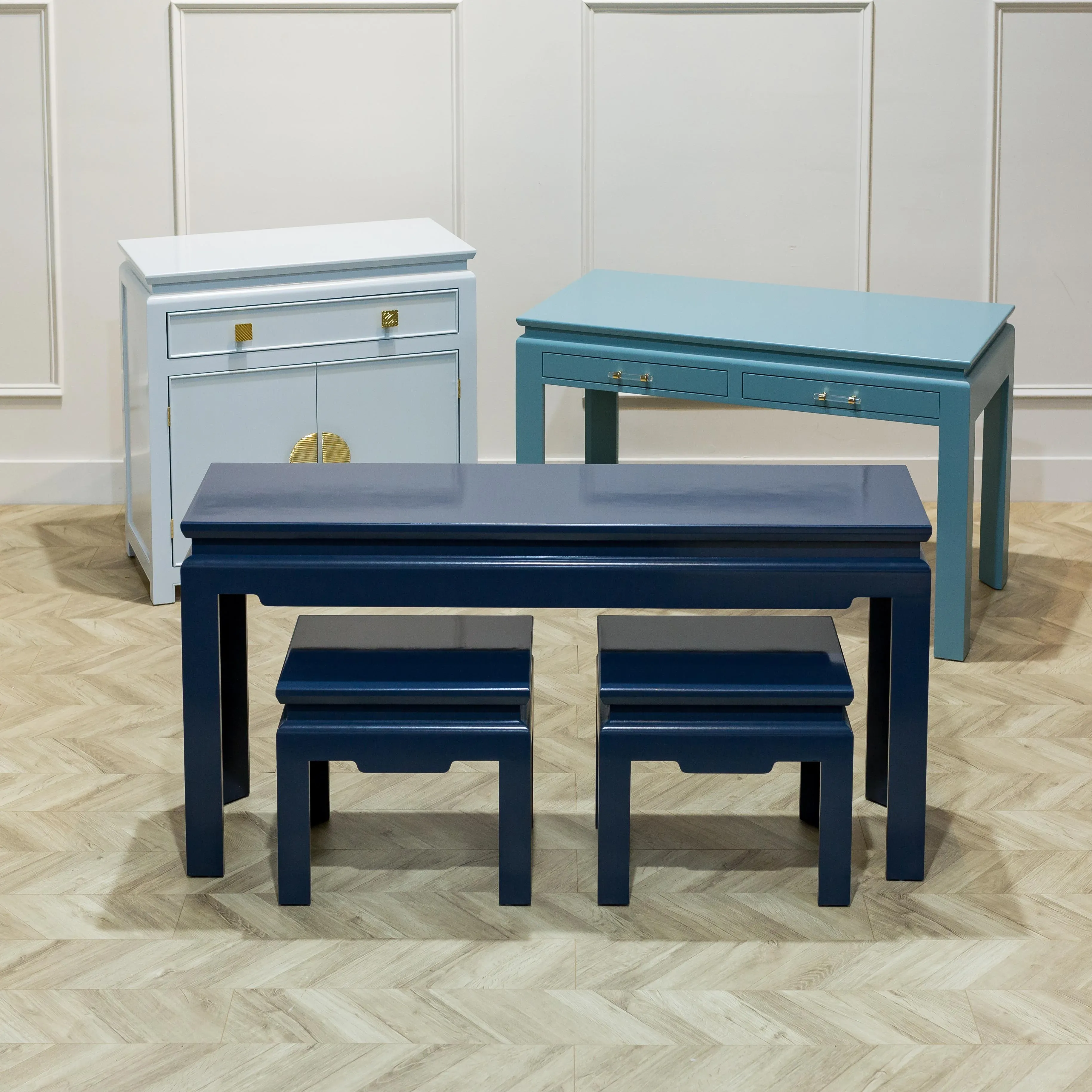 Modern Ming Console Table Custom Built and Lacquered Hale Navy Gloss