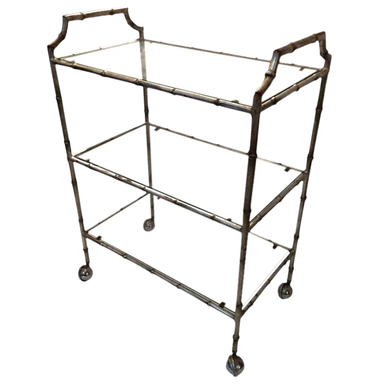 1960s Hollywood Regency Faux Bamboo Silverleaf Bar Cart | Chairish
