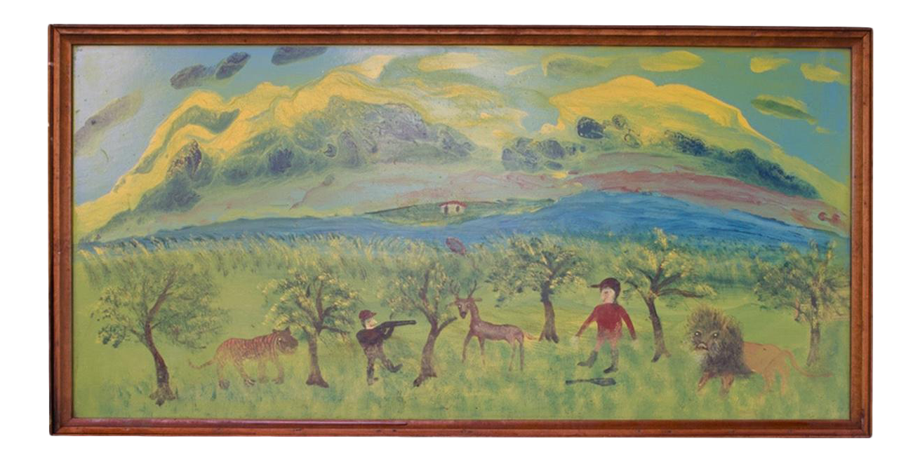 Outsider Art "Hunters" Oil and Acrylic on Panel by Bruno Del Favero ...