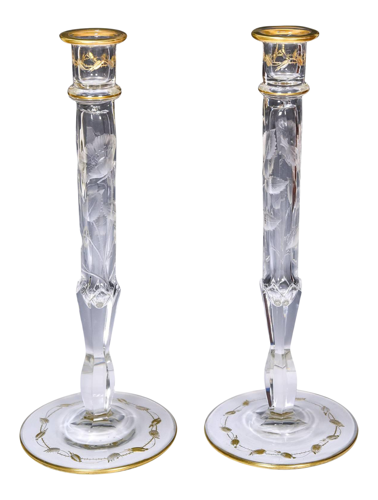 Pair of Moser Handblown Crystal Candlesticks with Intaglio Poppy ...