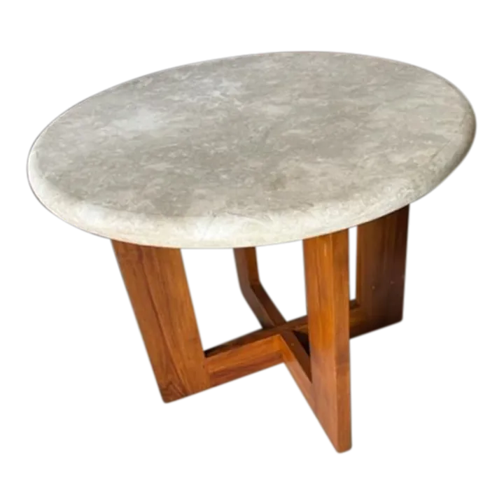 1970s Stone Top Vintage Round Table Wood Base | Chairish