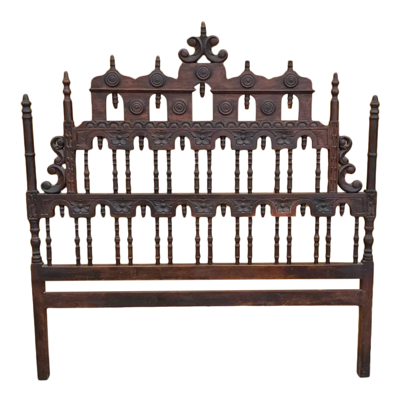 Pagoda Spanish Revival Spindle Carved Headboard Full | Chairish
