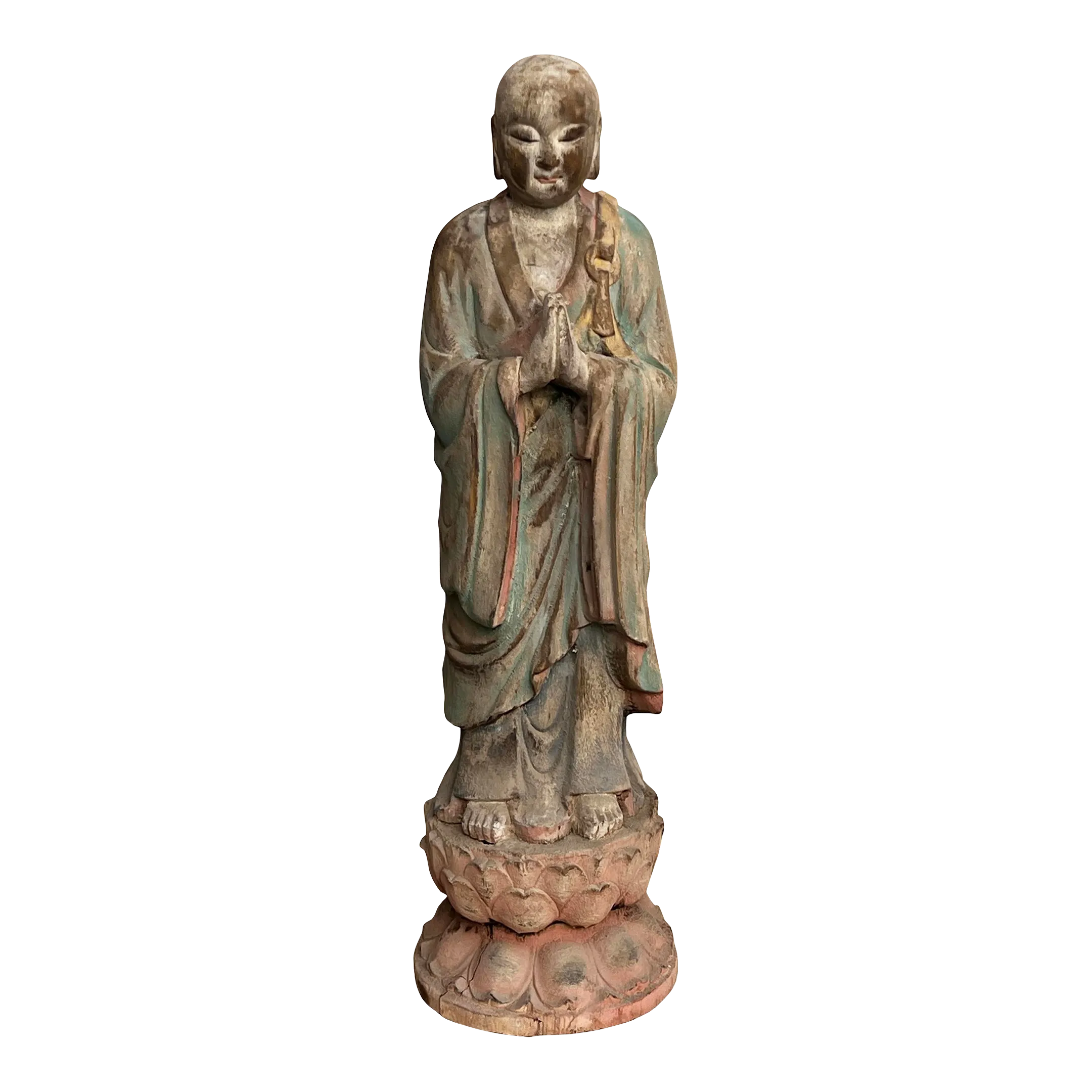Chinese Rustic Wood Standing Praying Lohon Monk Statue | Chairish