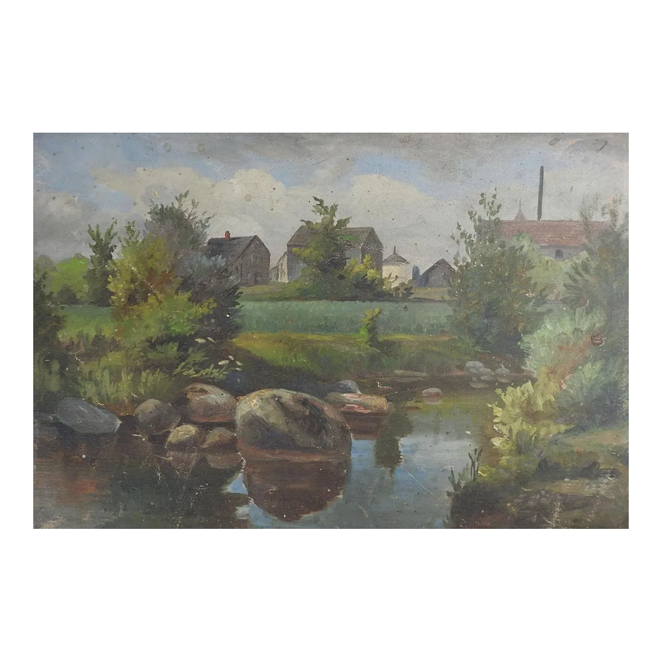 Vintage Early 20th Century European Farm Landscape Painting | Chairish