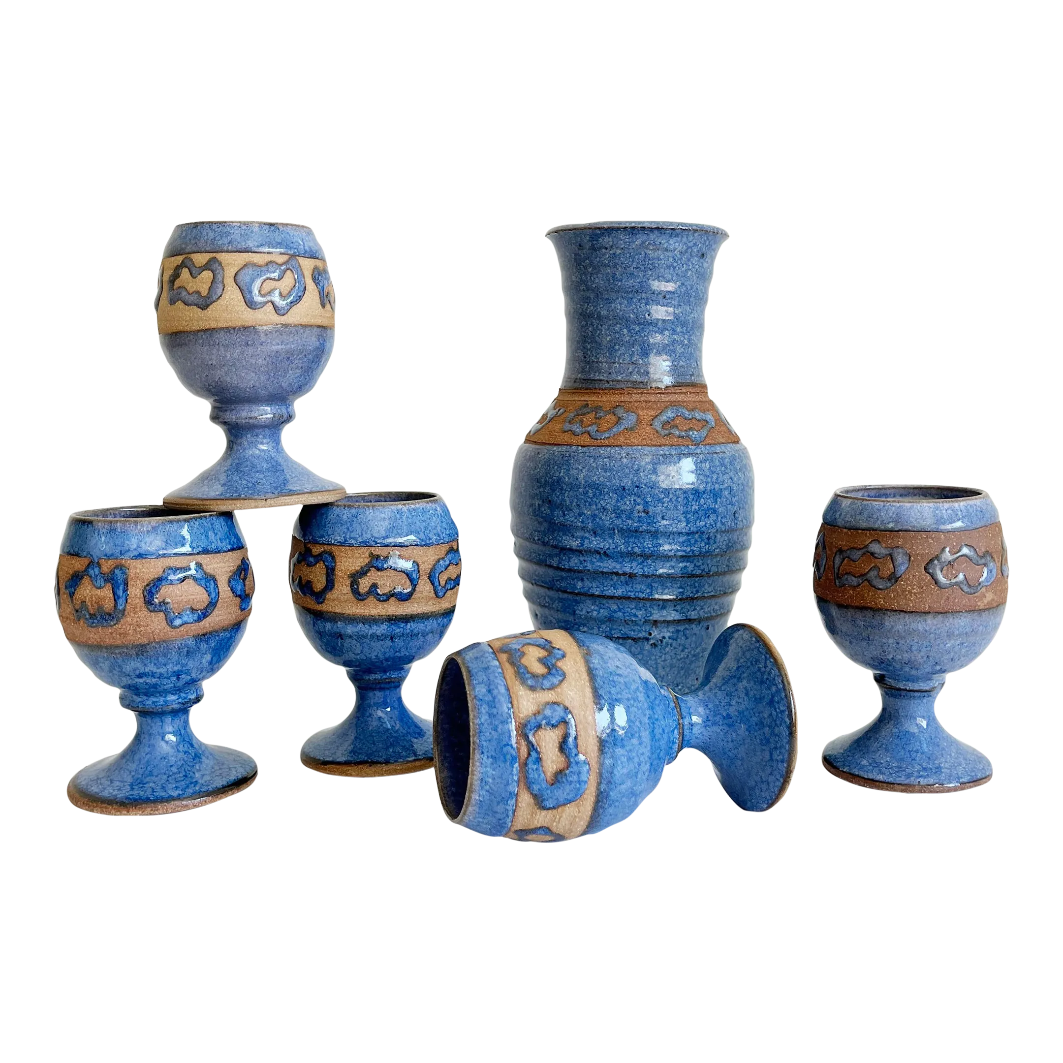 Mid-Century Pottery Decanter and Five Goblets- 6 Pieces | Chairish