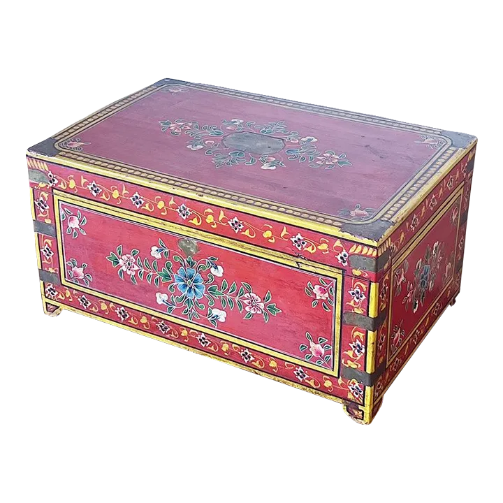 Antique Hand-Painted Box in Red With Flowers in Turquoise and Brass ...