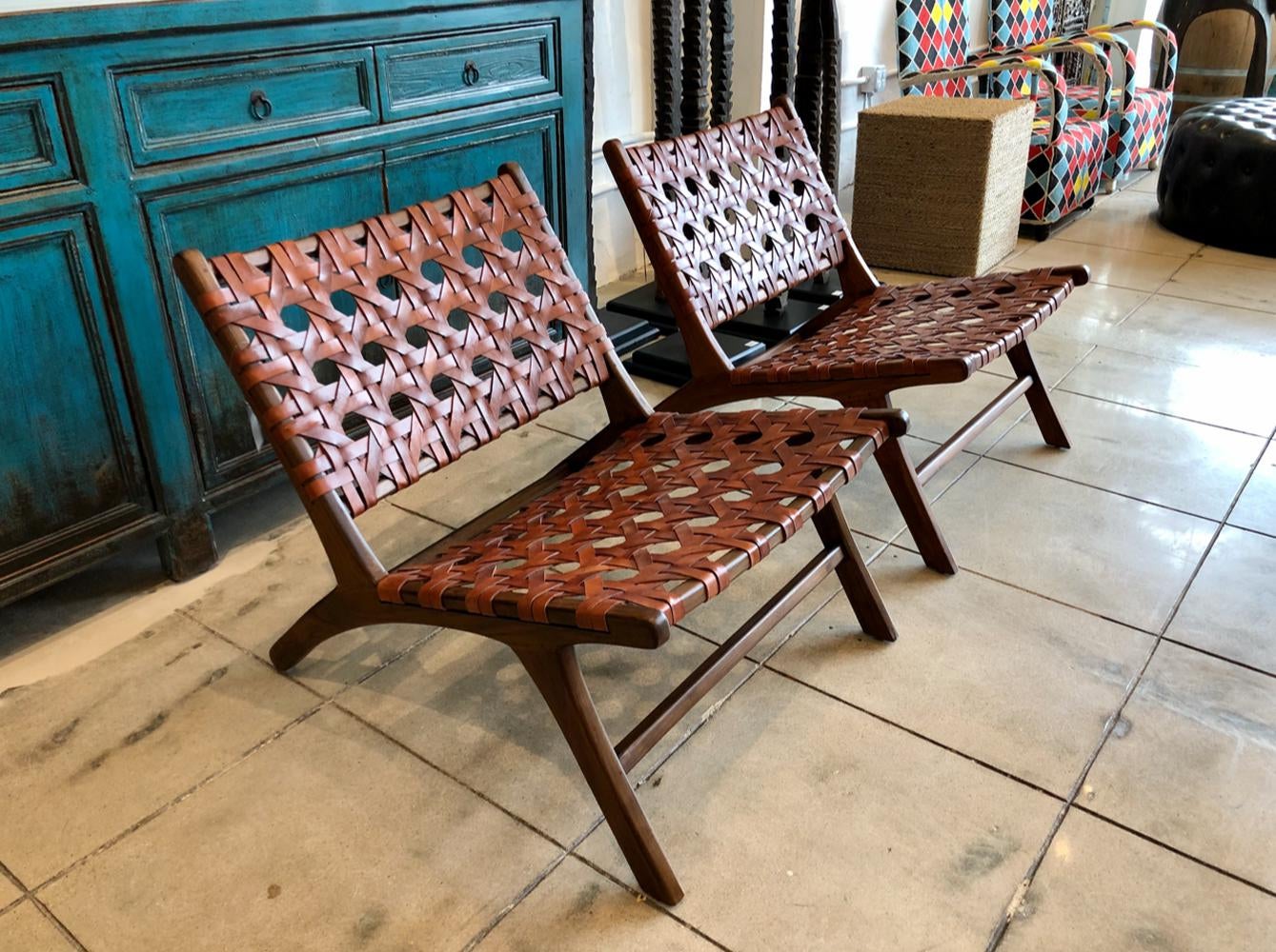 Chestnut Leather Weave Easy Chair Chairish