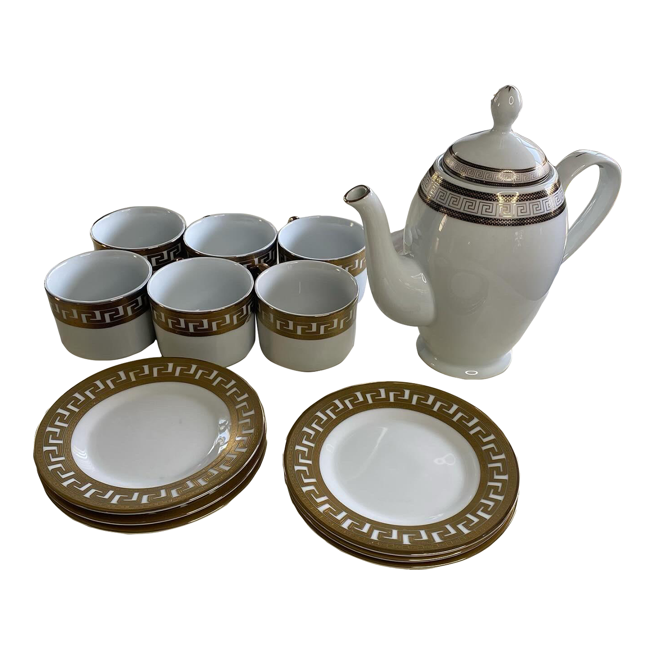 Vintage Gilded Porcelain Greek Key Coffee Service Set- 13 Pieces | Chairish