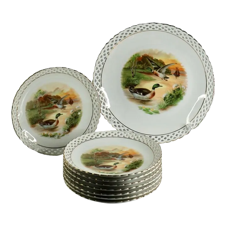 1930s Schumann Bavaria Porcelain Set of 9 Plates with Reticulated ...