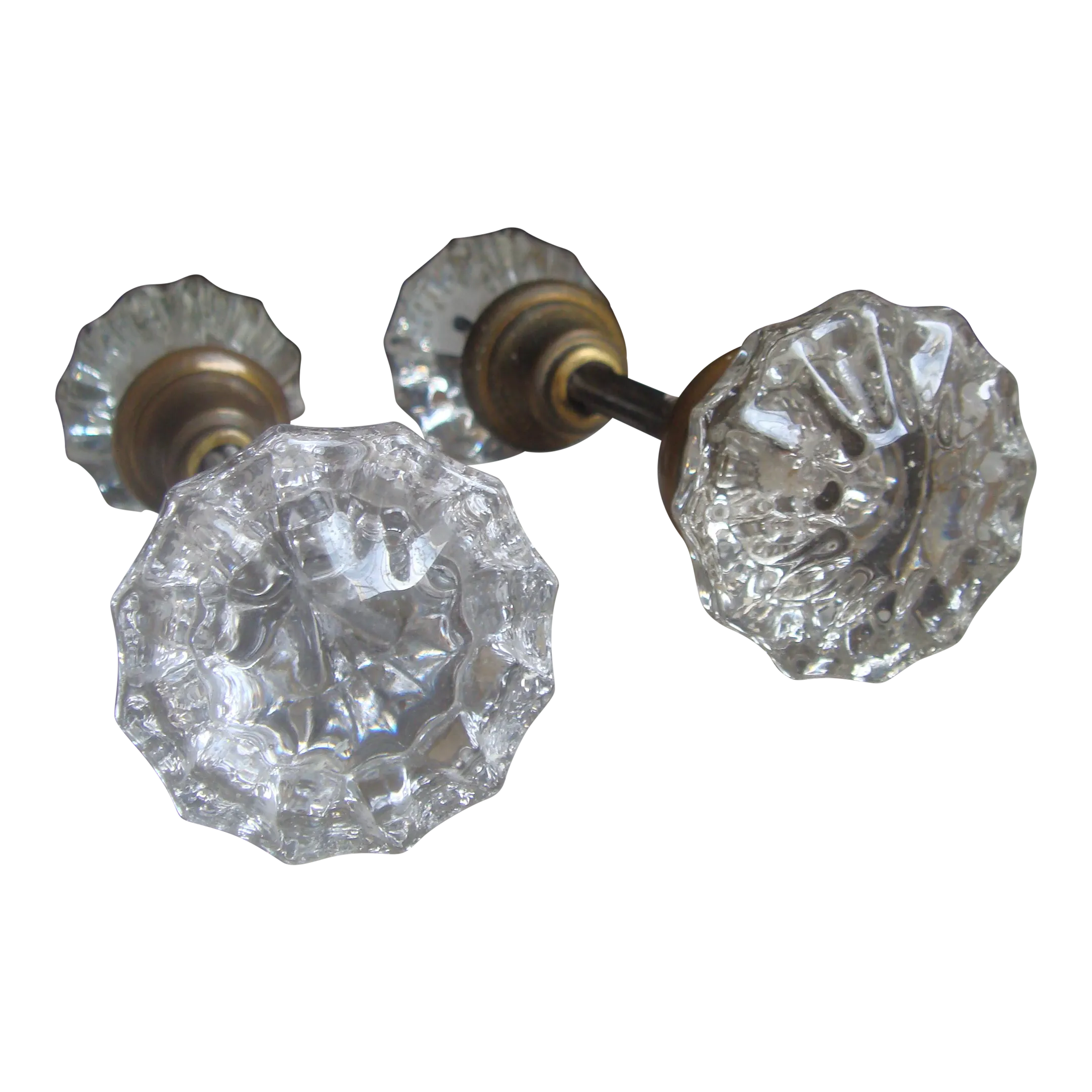 Pair of 1930s Fluted Glass Door Knobs + Spindle 12-Point Brass | Chairish