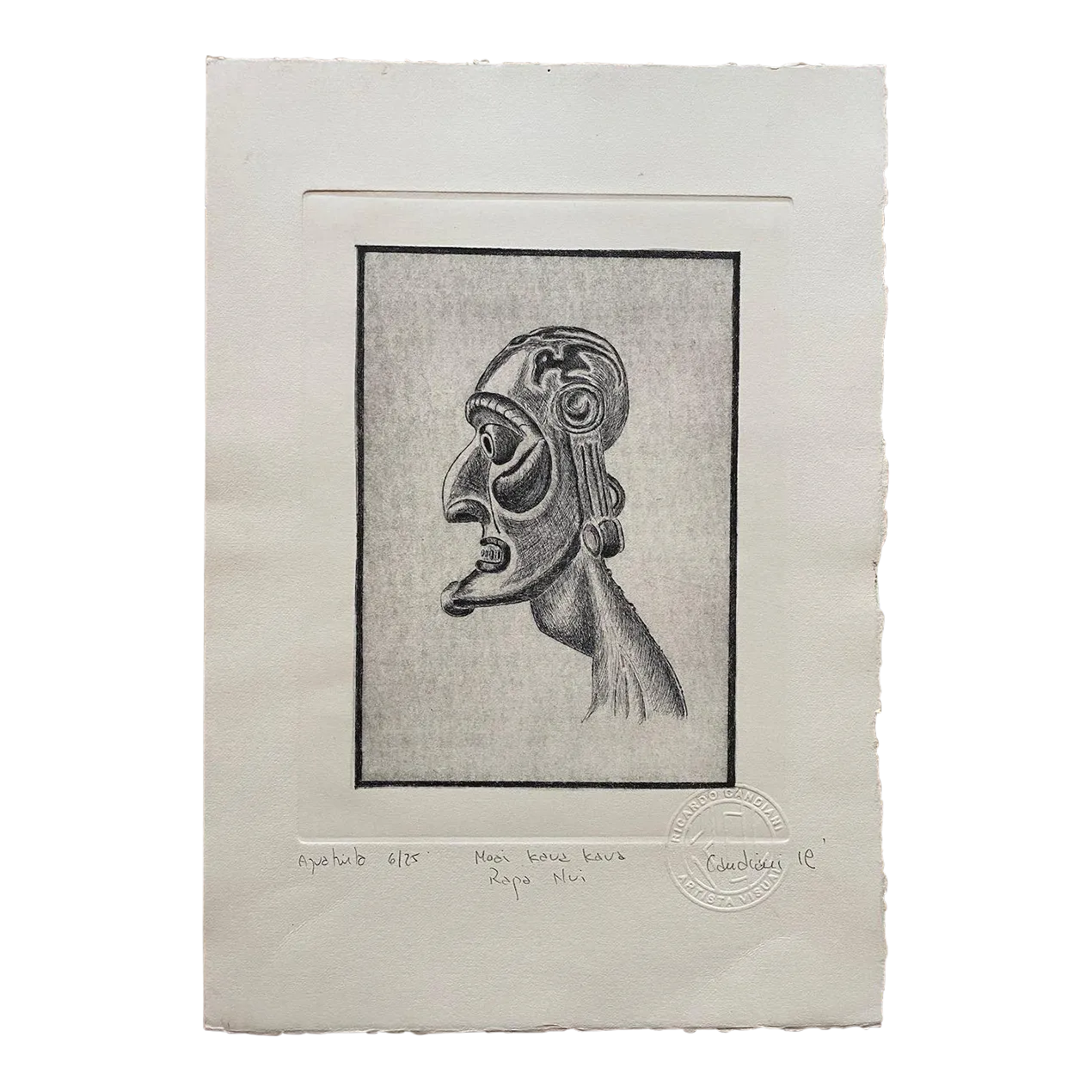 20th Century Easter Island “Moai Kavakava” Profile Etching by Rapa Nui ...