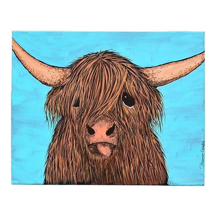 Turquoise Highland Cow Painting on Canvas | Chairish