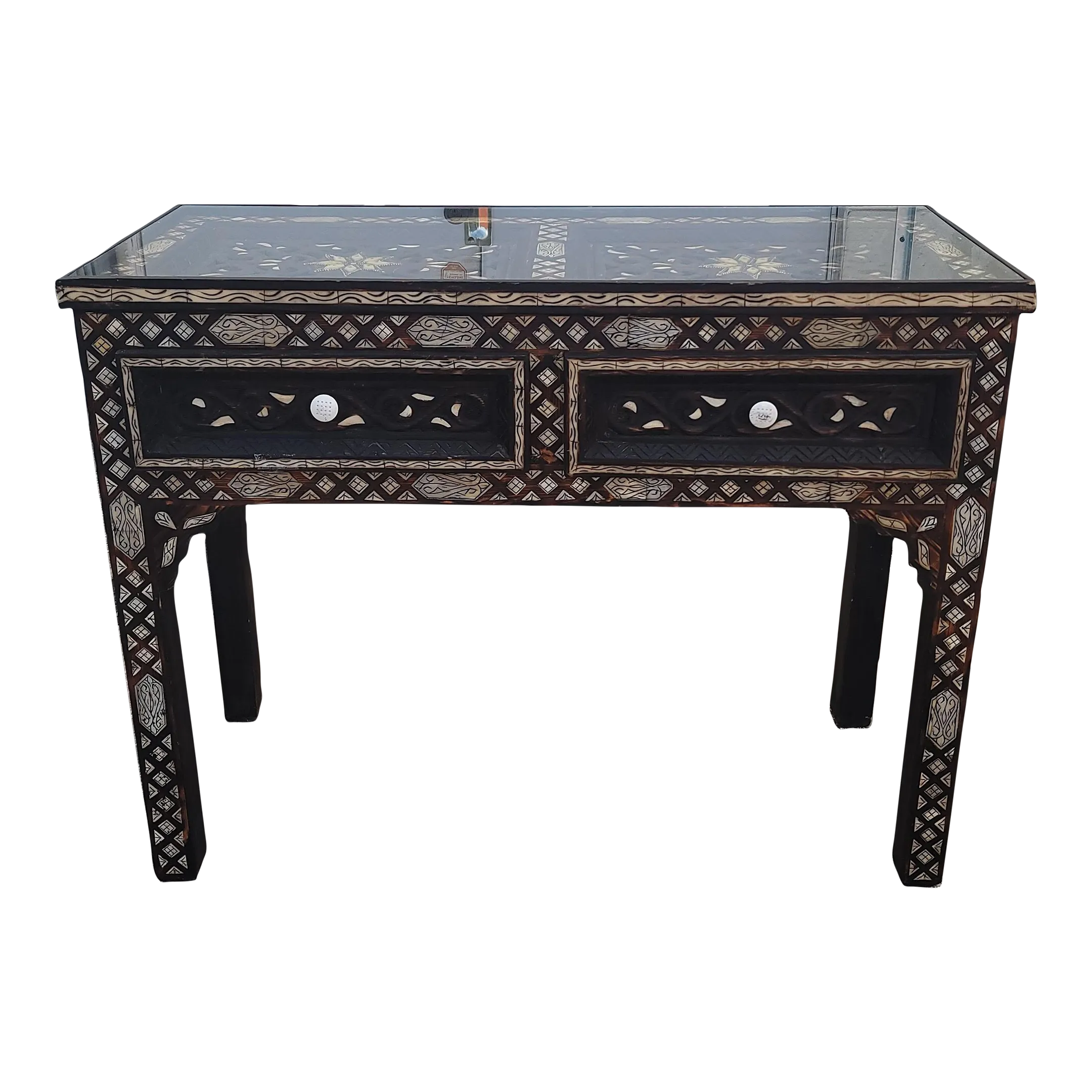 Moroccan Cedar Wood Console Table with Resin Decoratif Fragments | Chairish