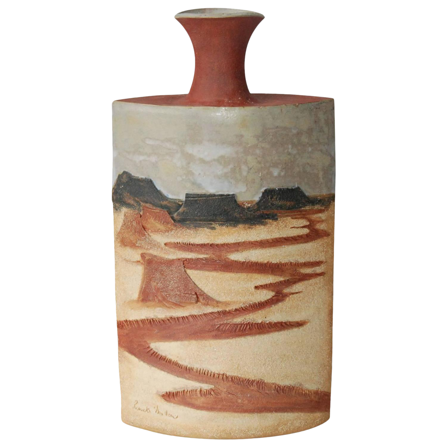 Circa 1980 R. Miller Slab Built Relief Stoneware Vase, | Chairish