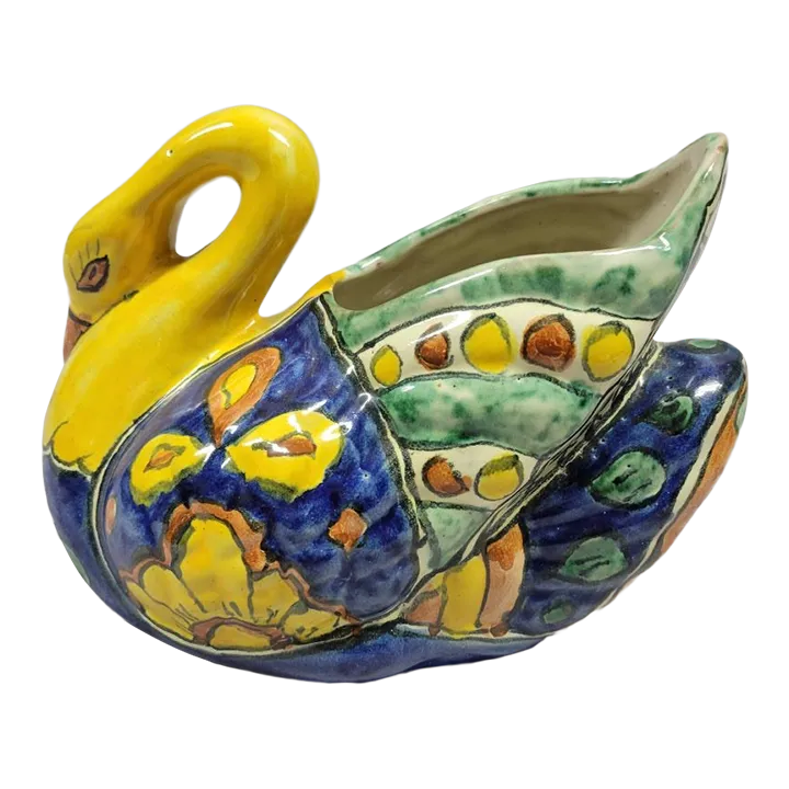Vintage Hand Painted Pottery Swan Planter | Chairish