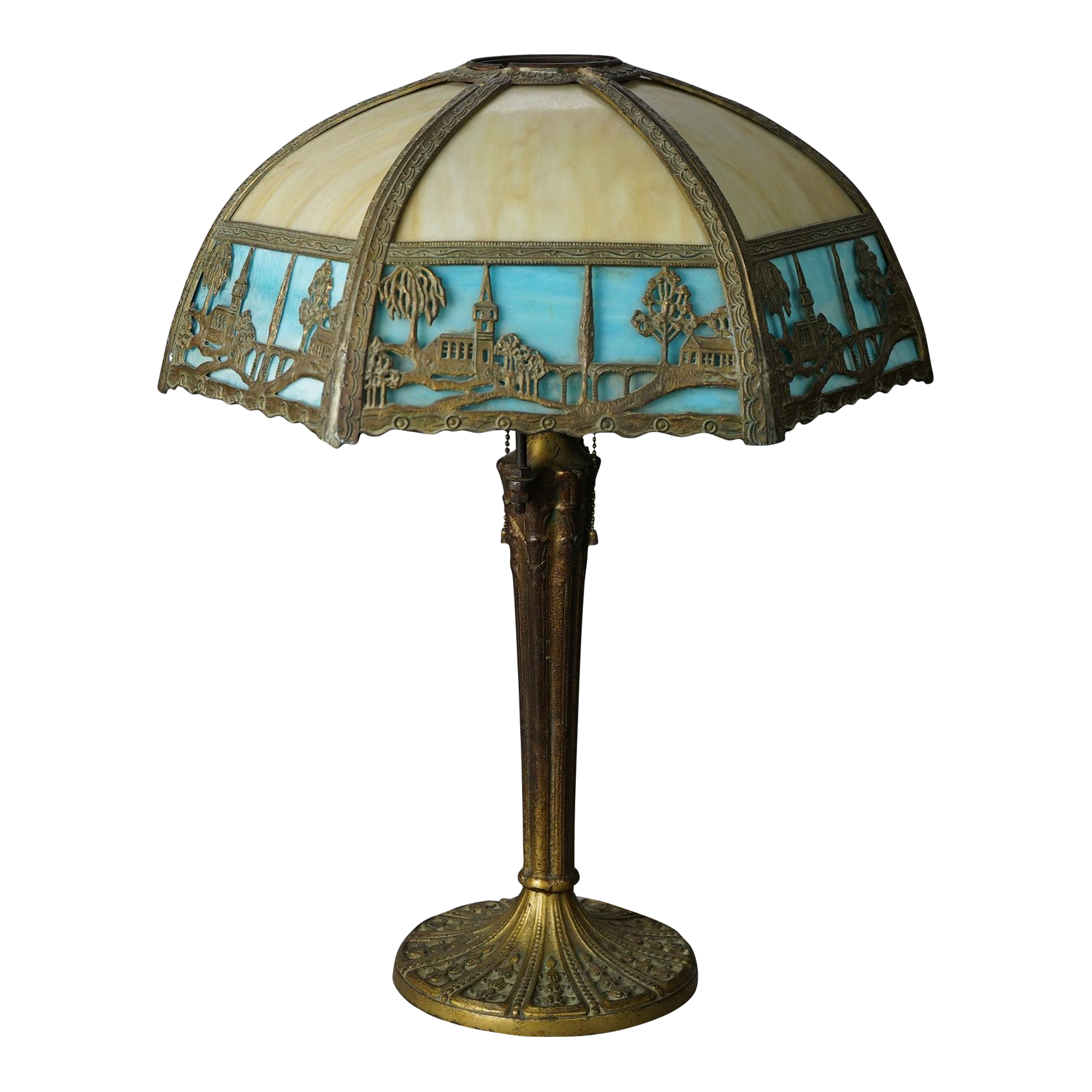 Antique Arts & Crafts Two-Tone Slag Glass Table Lamp, Scenic with ...