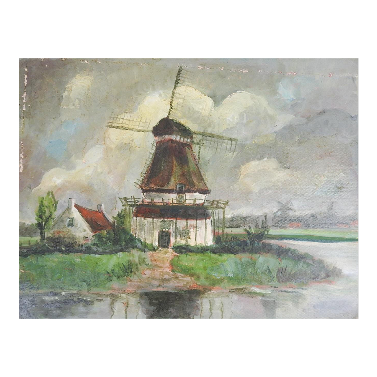 Vintage Impressionist Rustic Windmill Landscape Distressed Painting ...