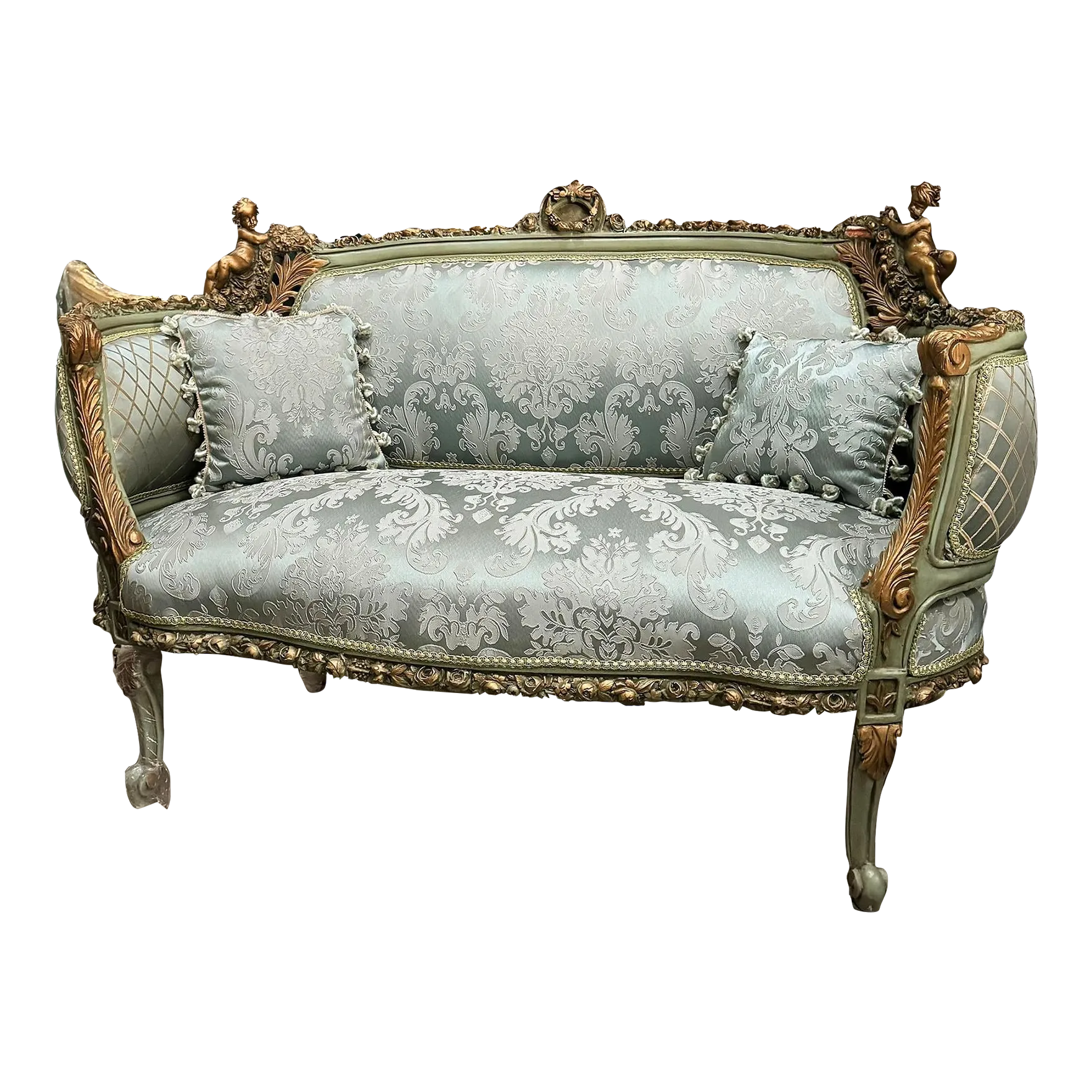 French Rococo Style Sofa With 2 Pillows and Gold Details | Chairish