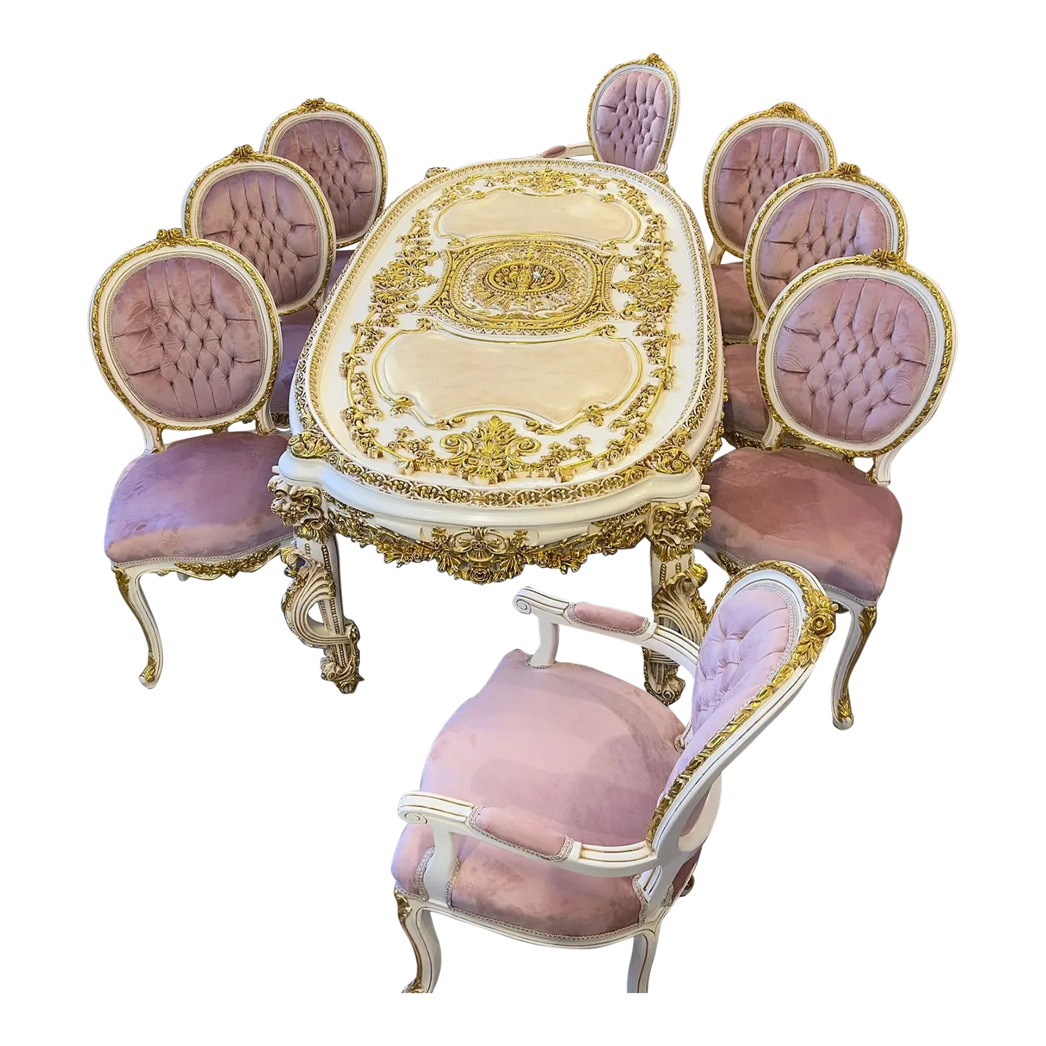 French Rococo Style Pink and White Dining Table and Chairs - Set of 9 ...