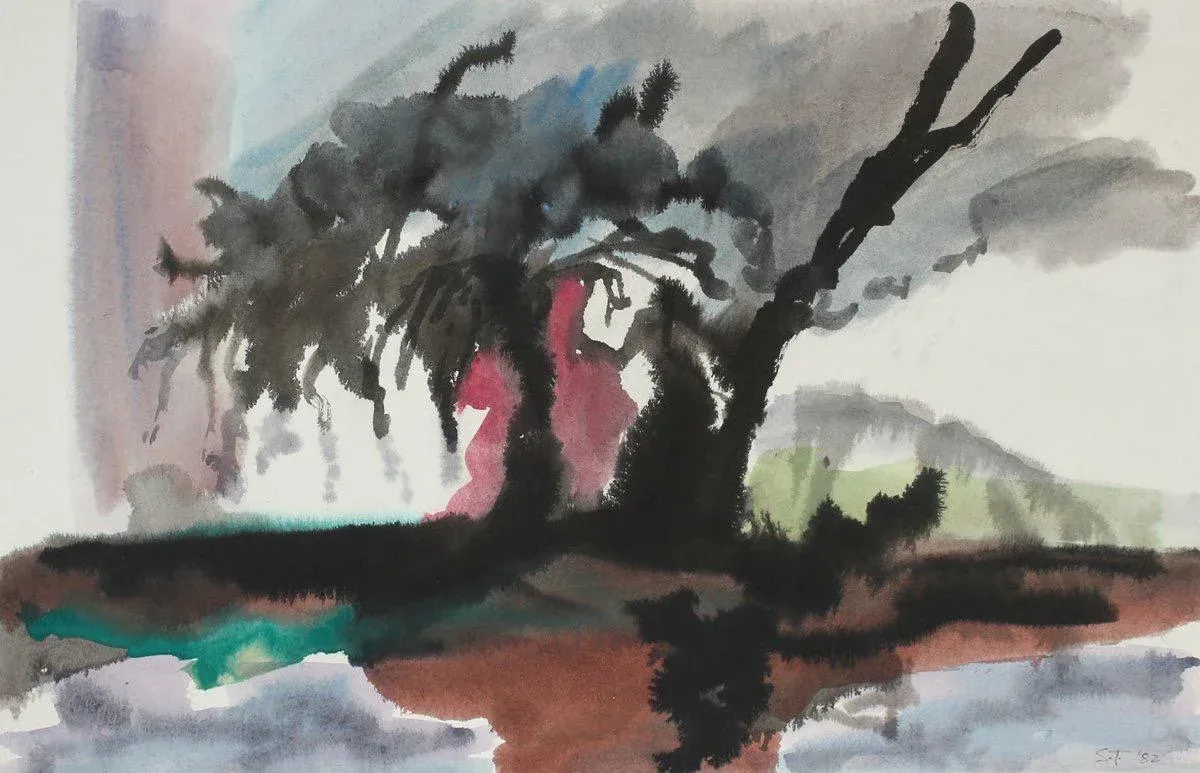Expressionist Landscape With Tree 1982 Ink and Watercolor | Chairish