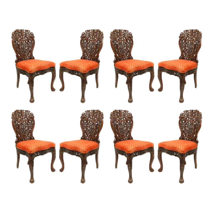 Asian Burmese Walnut Side Chairs - Set of 8 | Chairish