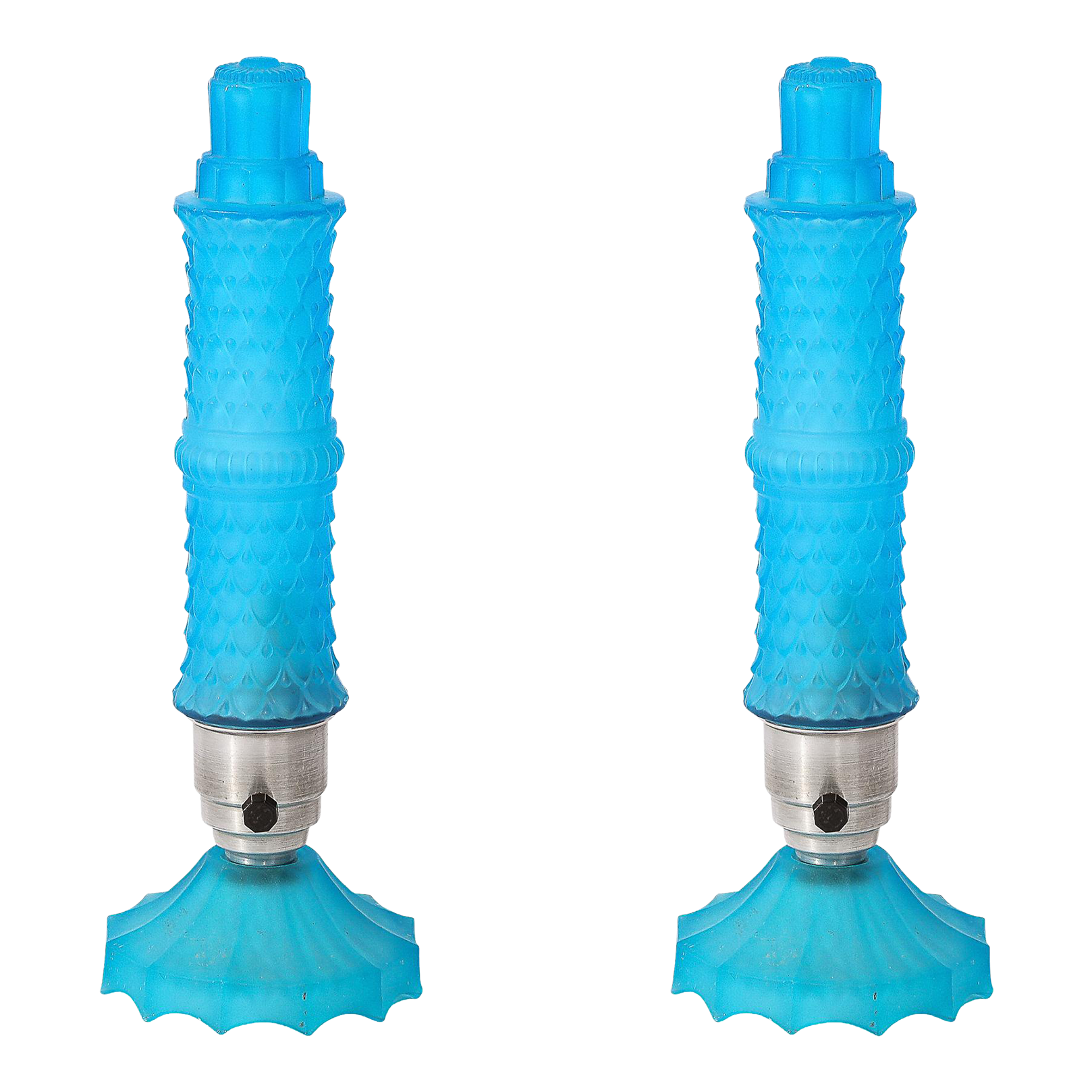 Art Deco Cerulean Blue Frosted Glass Uplight's W/ Stylized Cubist ...