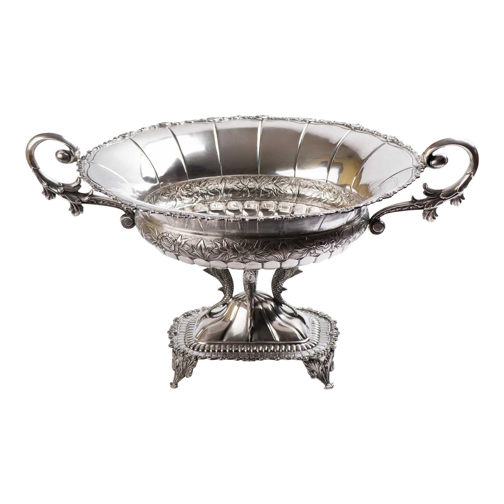 Large Vintage Silver Figural Fish Dish With Handles & Floral Design ...