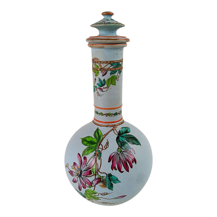 Antique Blue Porcelain Enameled Passion Flower Decanter | Chairish
