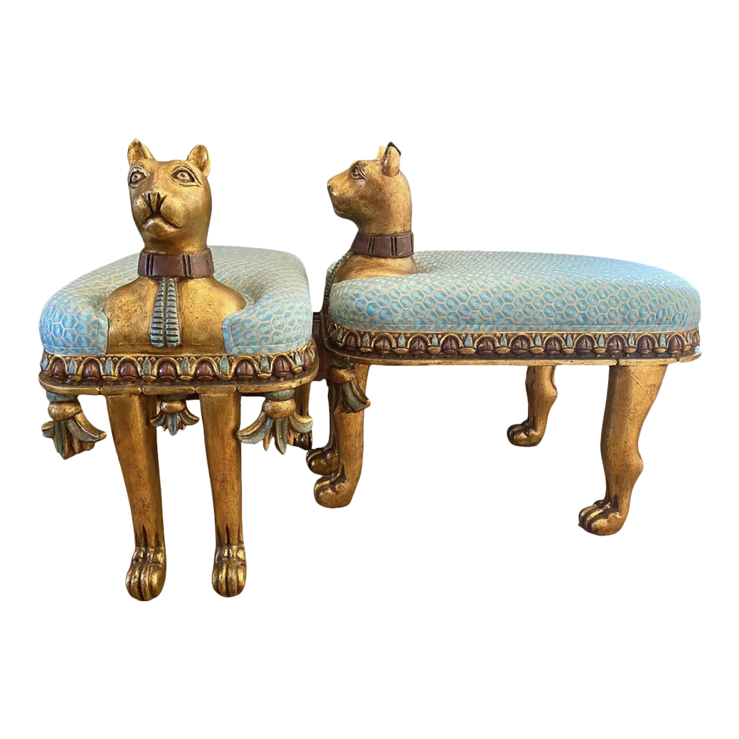 Vintage Pair of Carved Wood Egyptian Revival Cat Benches | Chairish