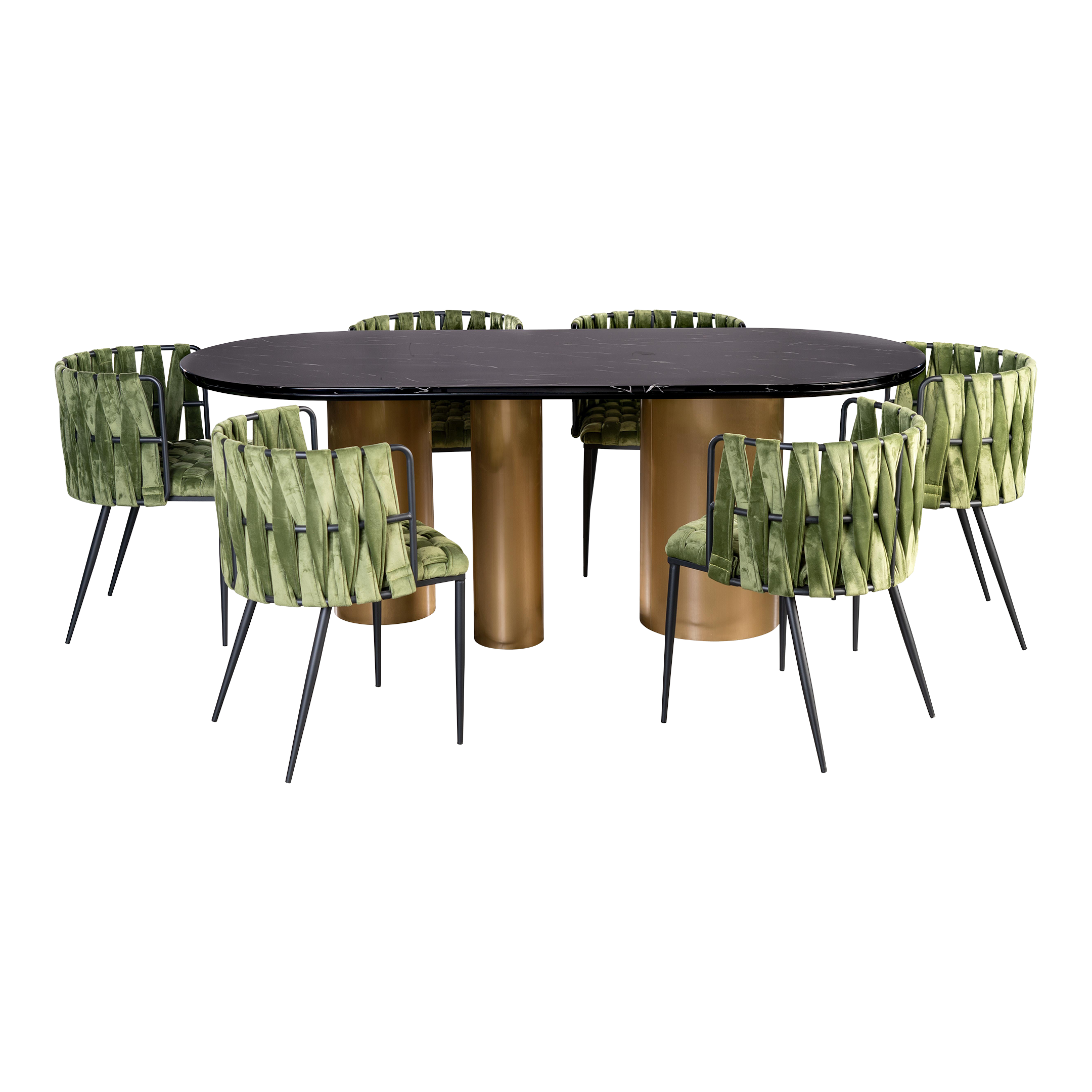 Balmain Marble Top Dining Set for 6 with Green Chairs - 7 Pieces | Chairish
