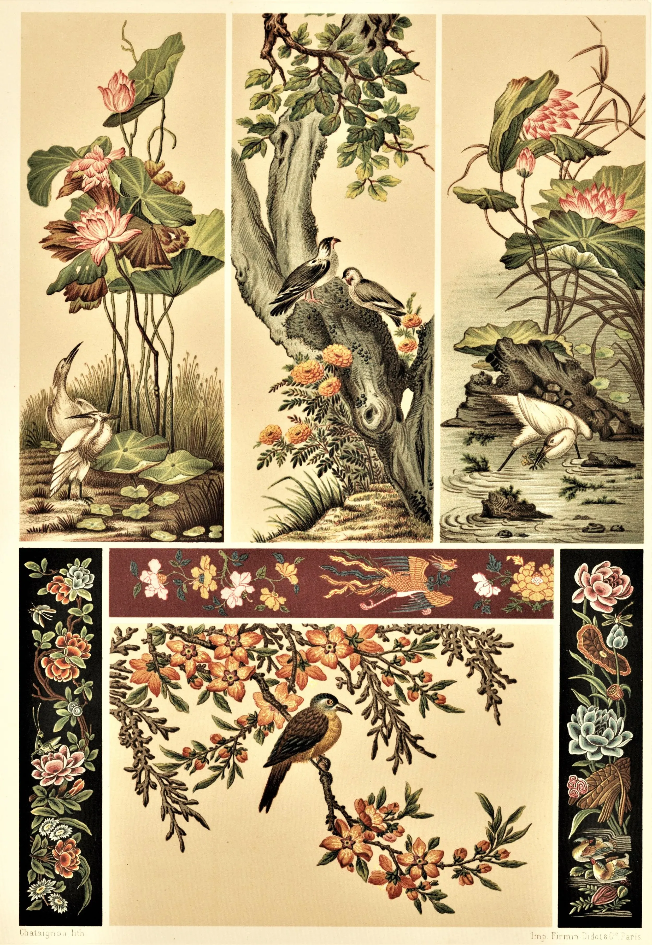 Matted Chinese Decorative Design Print-Birds & Flowers | Chairish