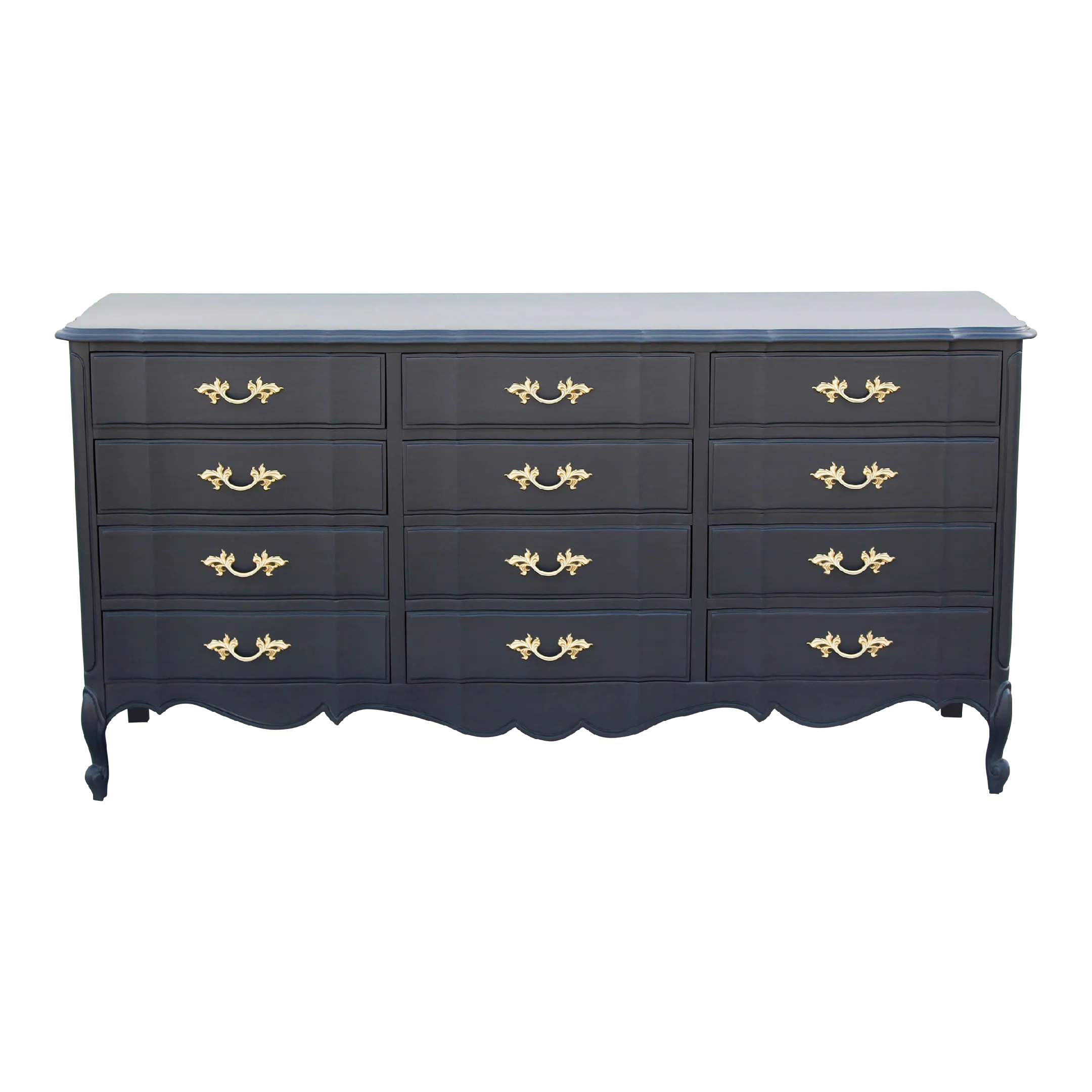 1970 s French Provincial Charcoal Black Dresser of Twelve Drawers by Henry Links