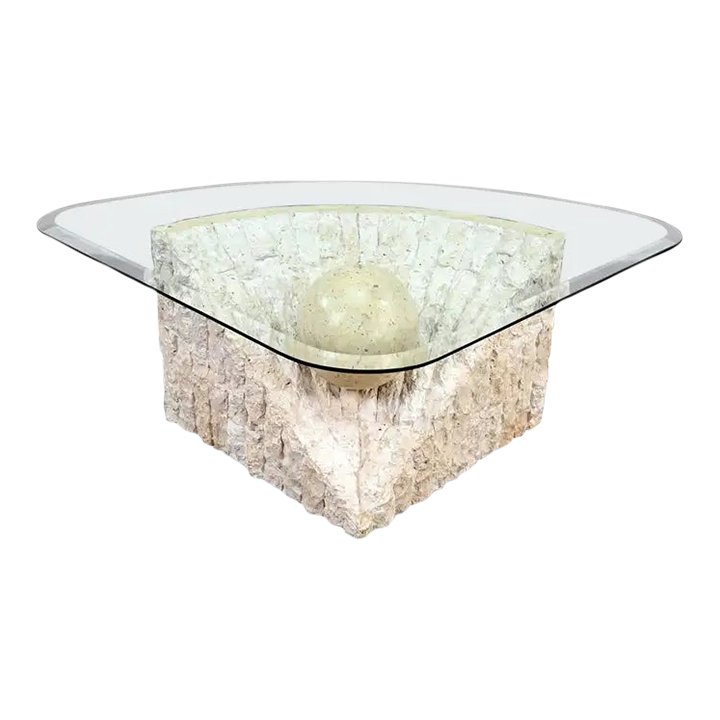 Postmodern Tessellated Mactan Stone Triangular Base & Glass Top Coffee ...