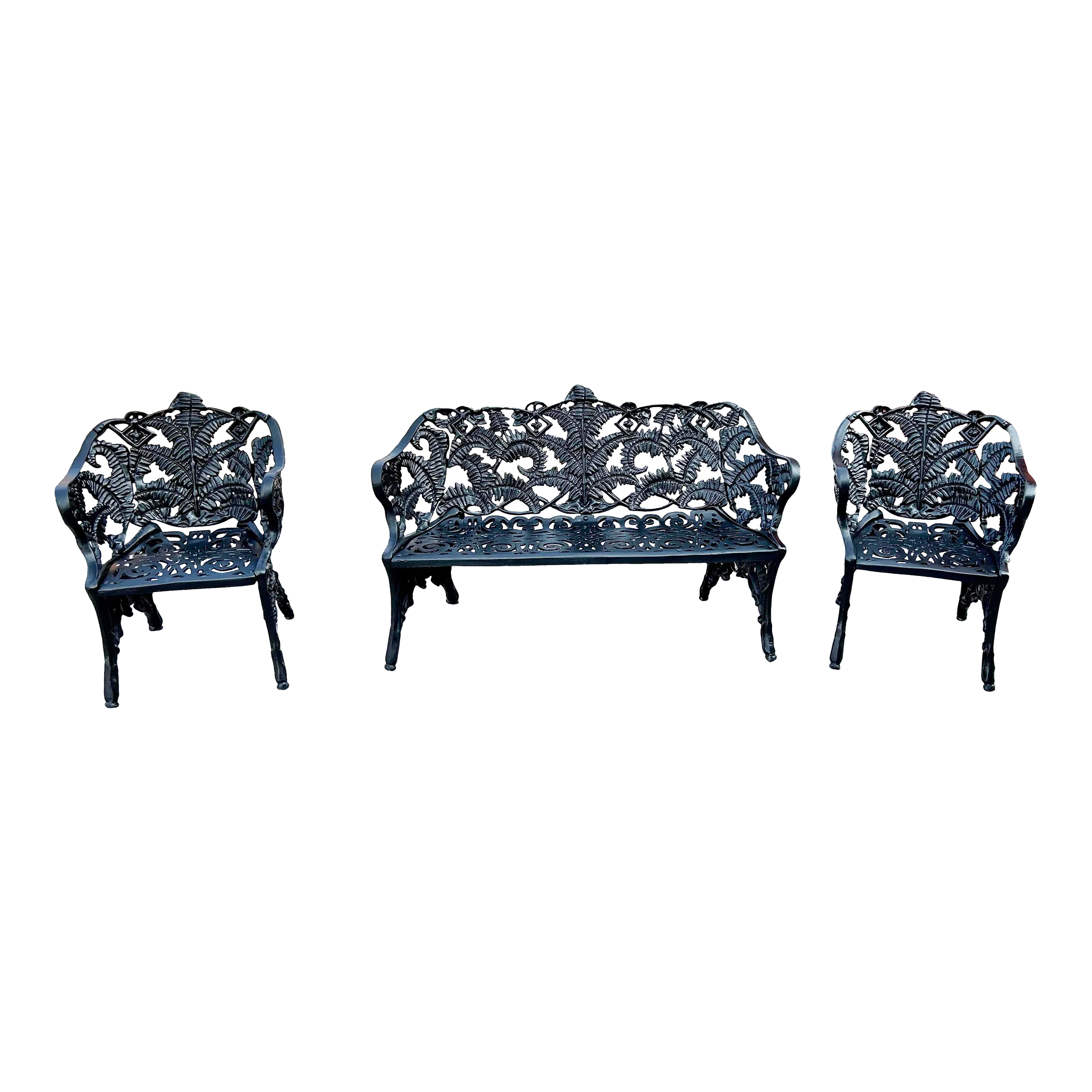 Vintage Stuart Iron Works Style Ornate Cast Iron Garden Bench & Chairs ...