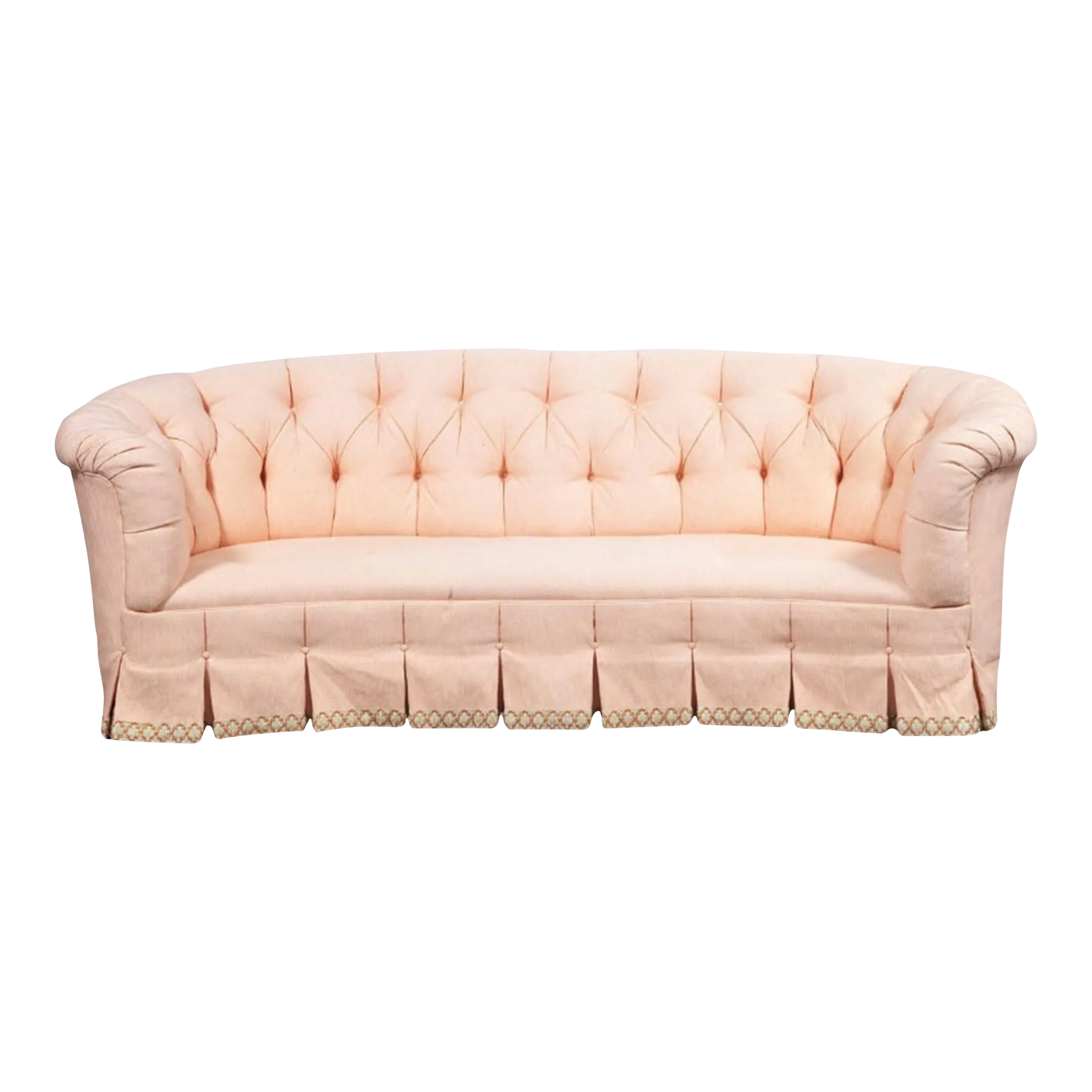Pale Pink Button Tufted Upholstered Sofa With Pleated Skirt | Chairish