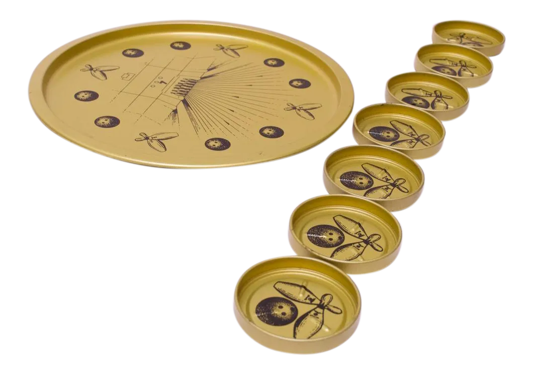 Vintage Aluminum "Bowling" Drinks Tray With Coasters | Chairish