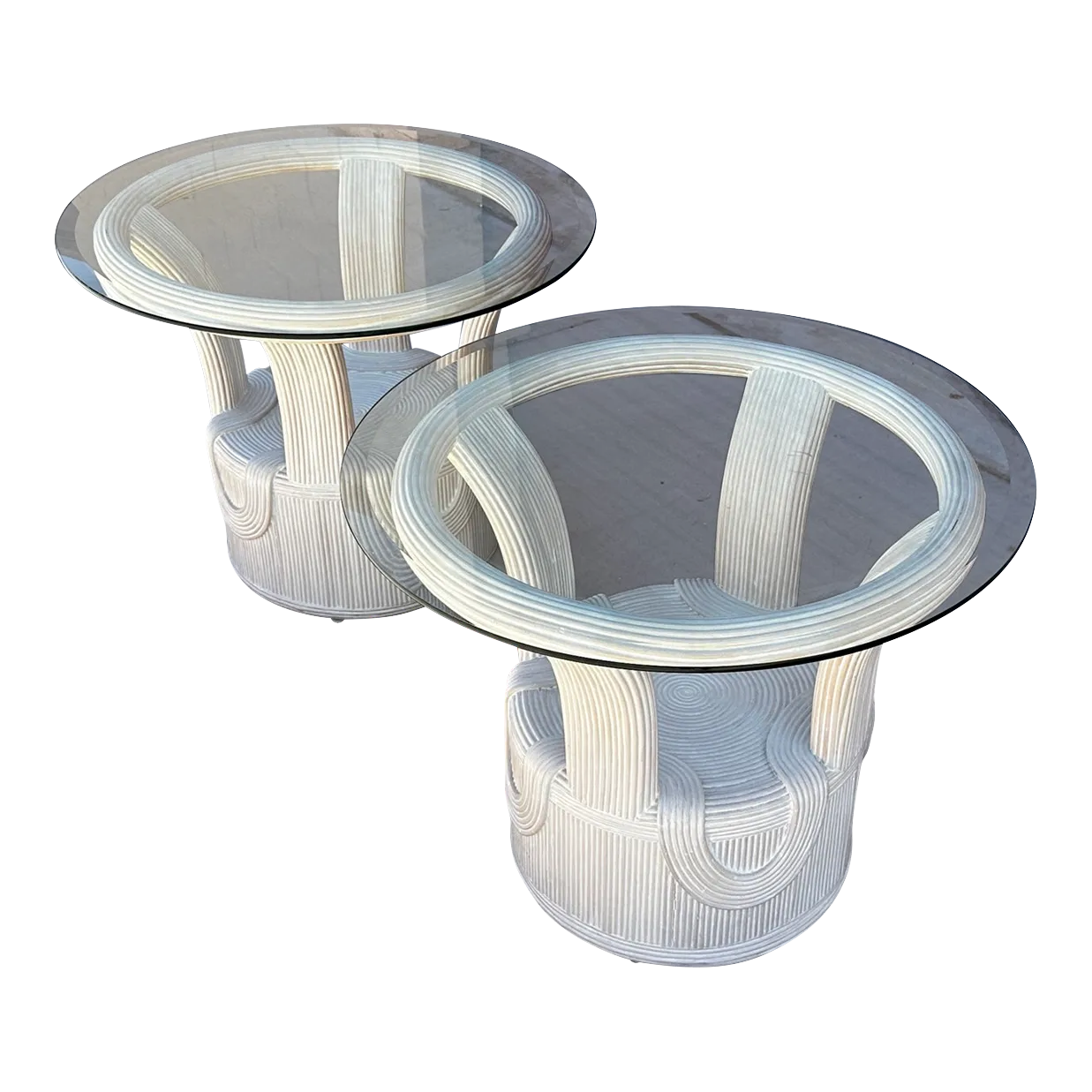 Cerused Pencil Reed Glass Top Side Tables-A Pair | Chairish