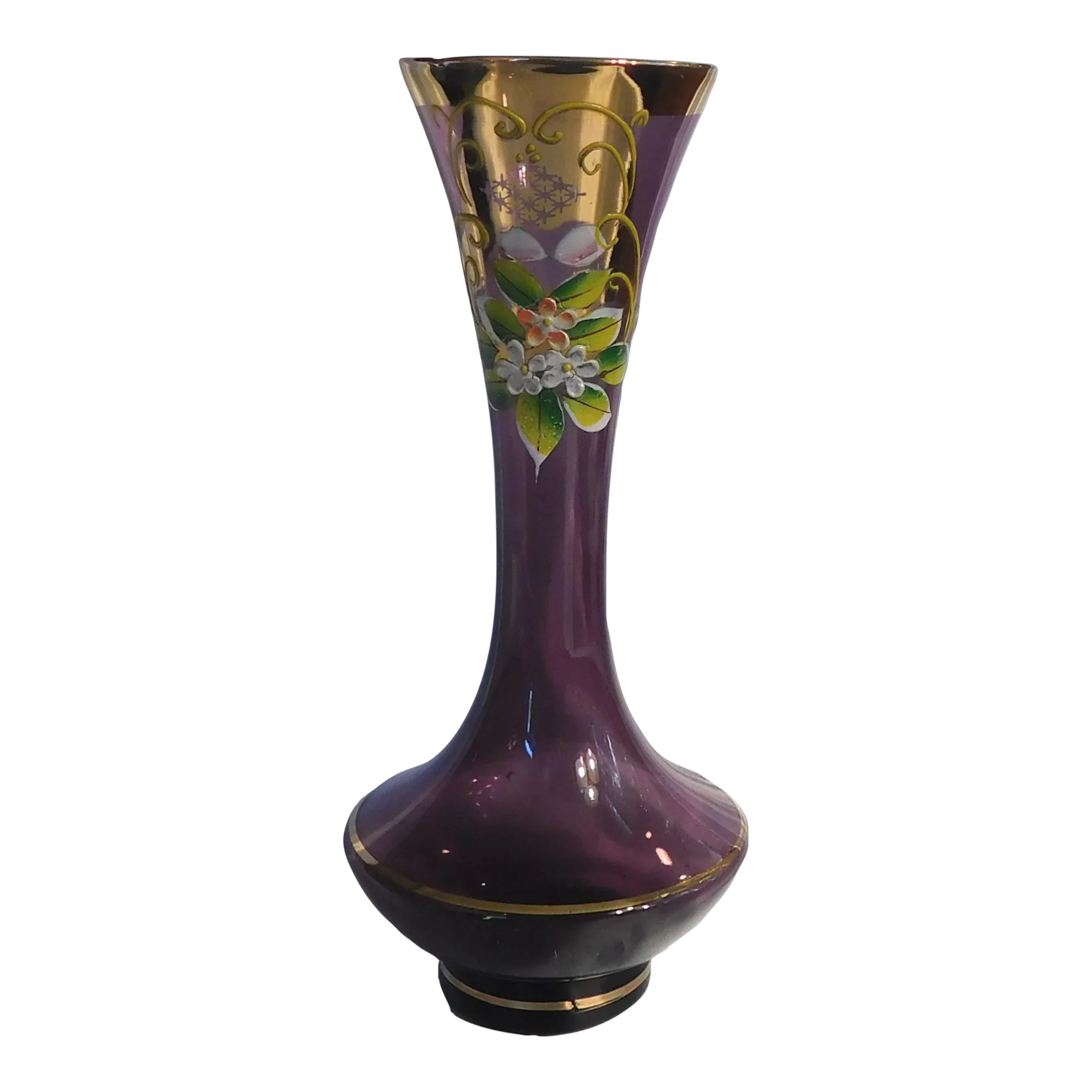 1960s Purple Bud Base With Gold Trim and Dimensional Flowers | Chairish