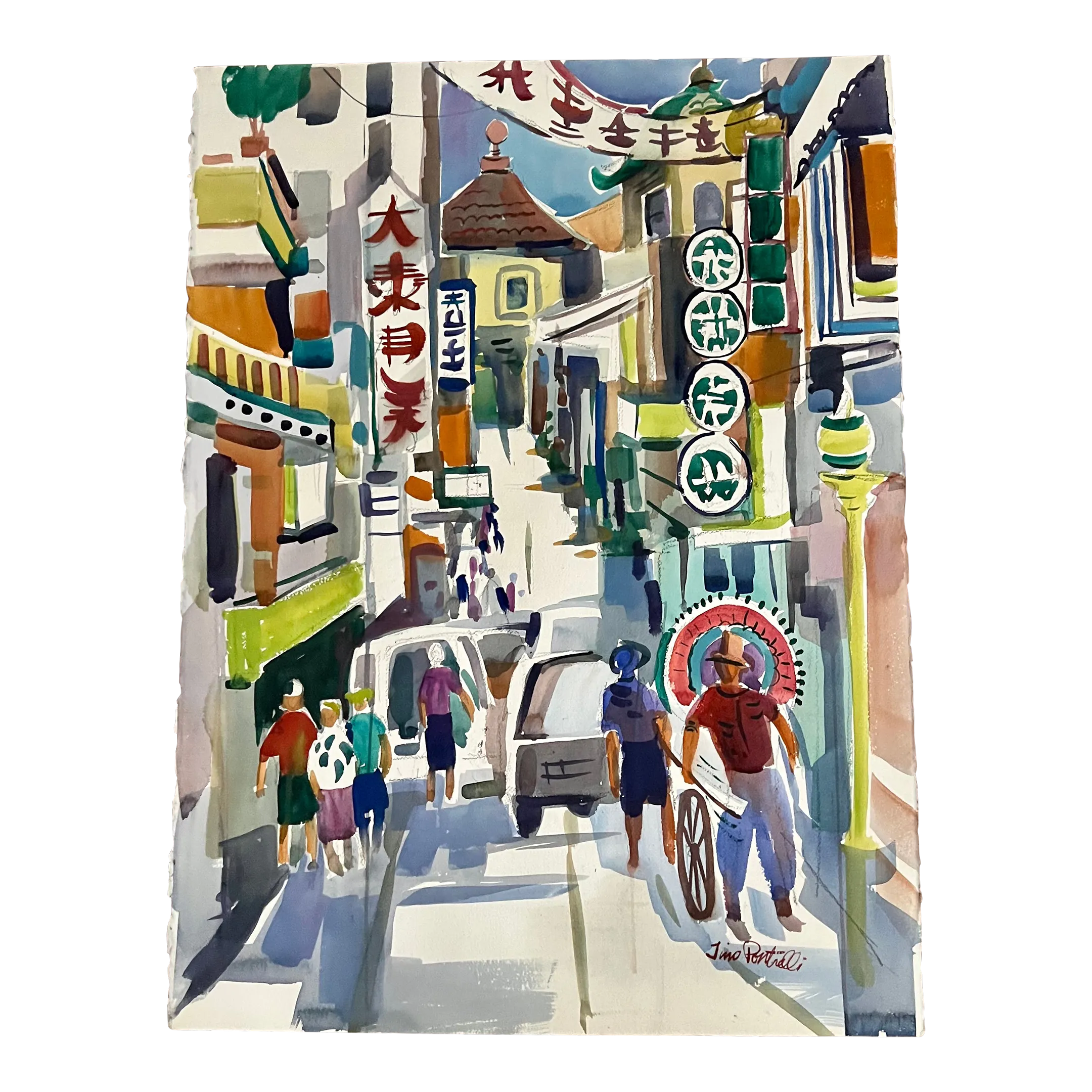 Vintage Tino Pontrelli Modern Watercolor Painting of Chinatown in San ...